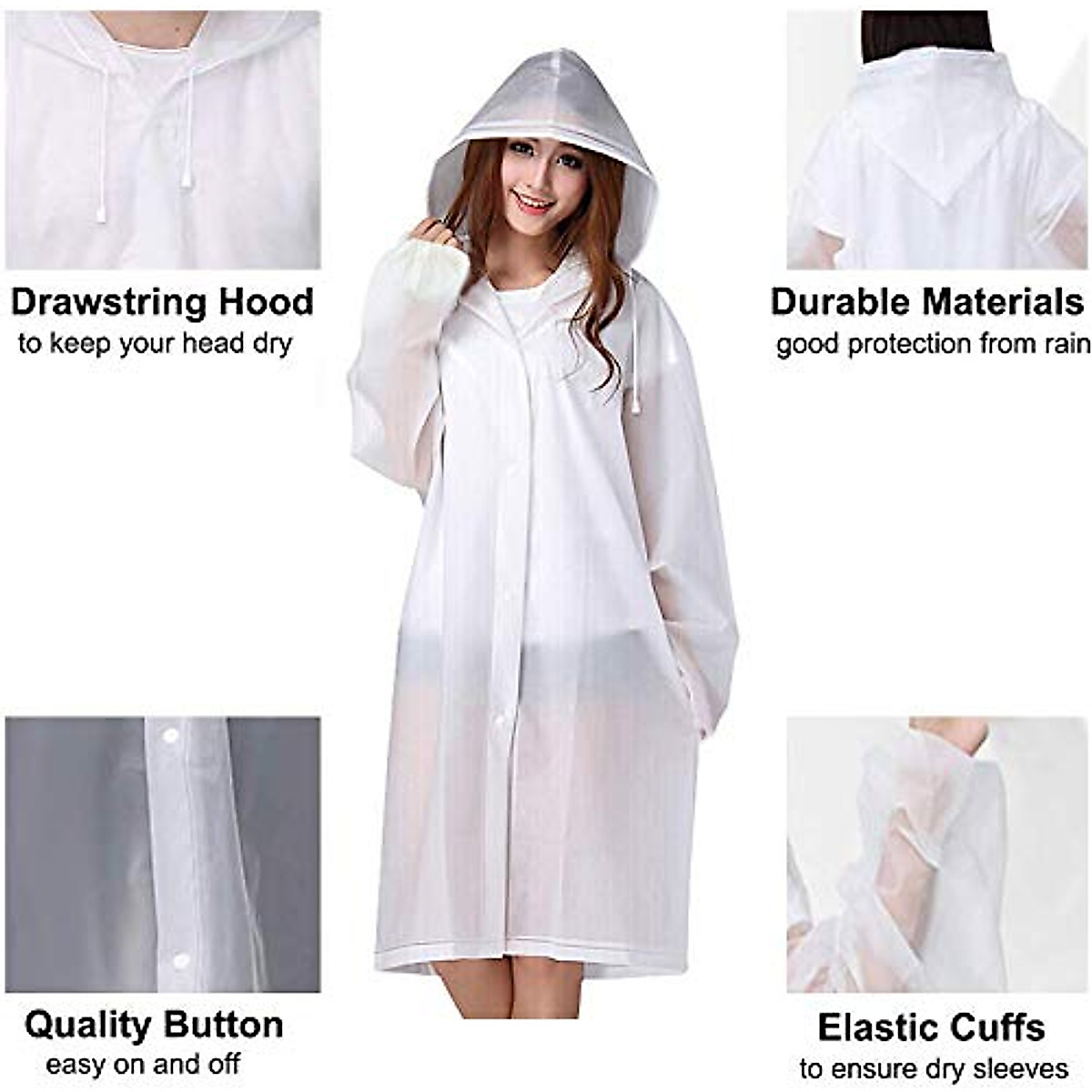 Exptolii Rain Poncho for Adults, 2 Pack EVA Reusable Raincoat Emergency Rain Gear Jacket with Hood (White)