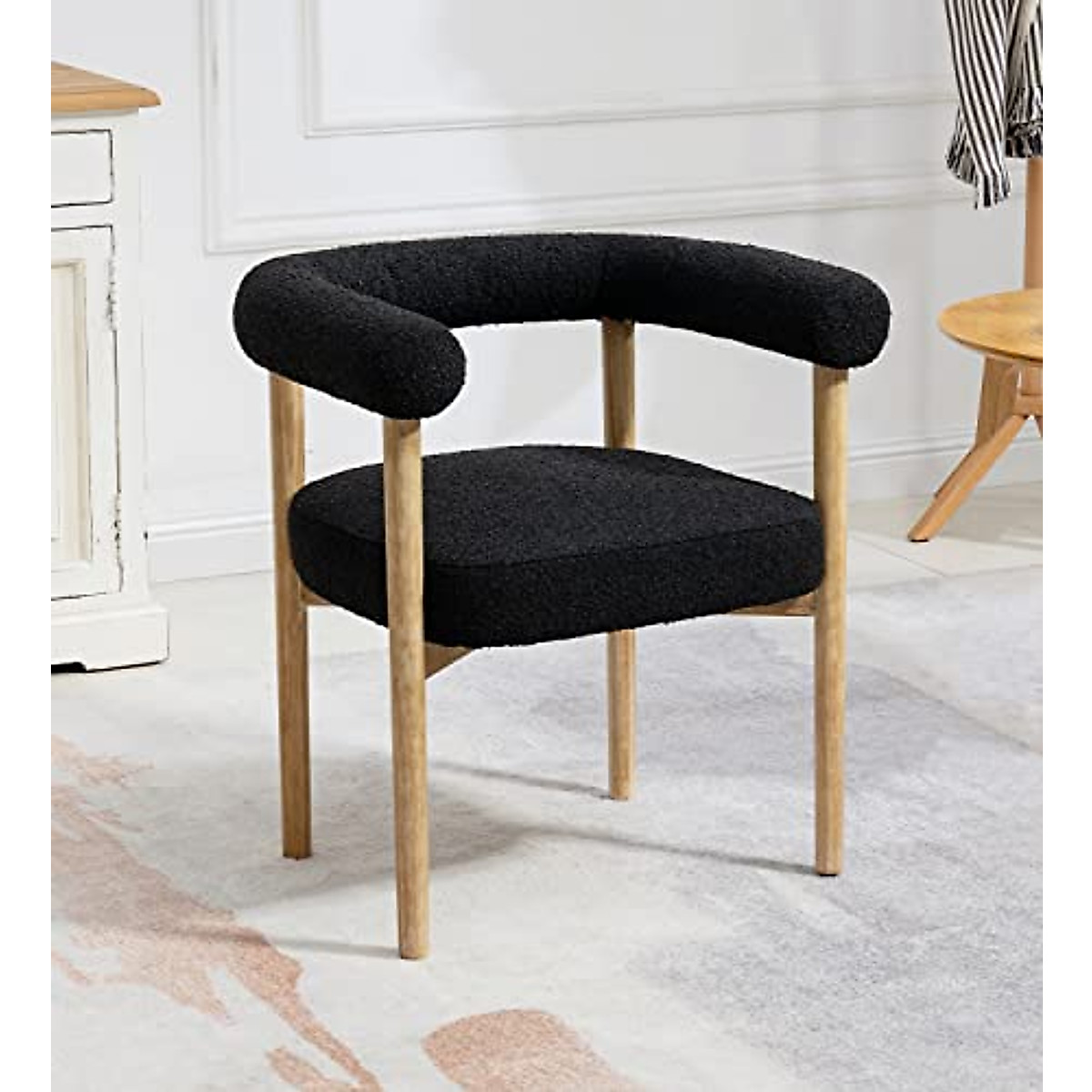 Meridian Furniture 561Black-C Hyatt Collection Mid-Century Modern Dining Chair with Solid Wood Natural Finish, Rich Black Boucle Fabric, 26.5" W x 22" D x 28" H, Black