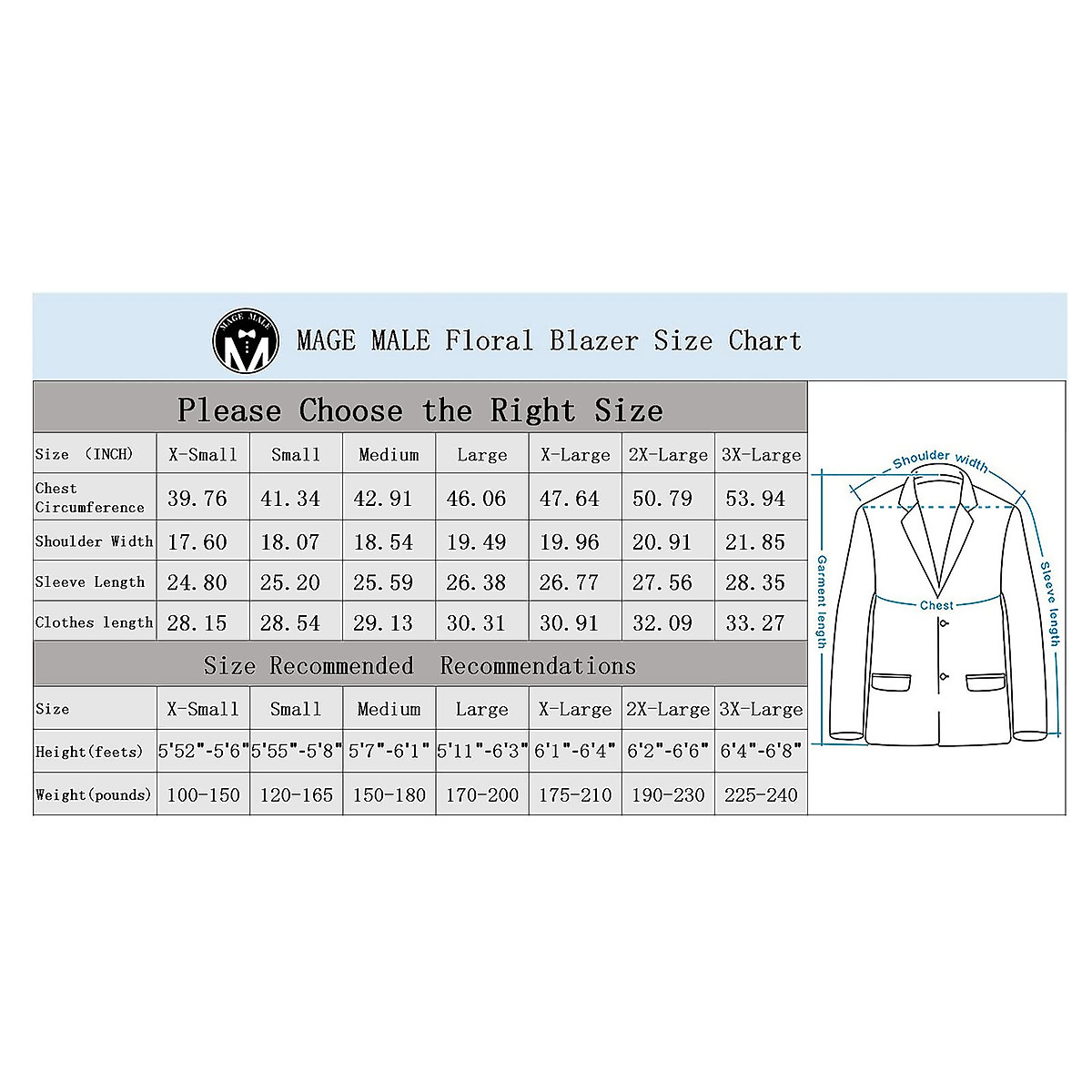 MAGE MALE Men's Dress Party Floral Suit Jacket Notched Lapel Slim Fit Two Button Stylish Blazer Black with Silver