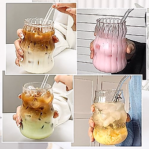 GUOJOZO 2 Pcs Ribbed Glass Cups 18 Oz Vintage Drinking Glassware Ripple Cocktail Glasses for Iced Coffee Juice Beverage Milk