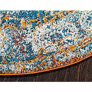 Unique Loom Rosso Collection Traditional, Vintage, Medallion, Border, Distressed, Southwestern Area Rug, 8 ft x 8 ft, Ivory/Blue