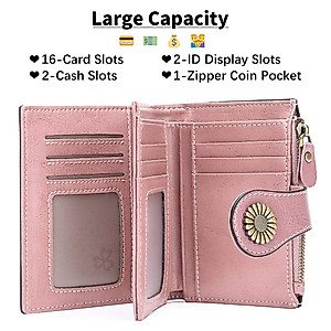 Women Wallet Pouch Purse Genuine Leather Bifold ID Window Credit Debit Card Holder RFID Protected with Gift Box (Pink)