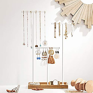 SONGMICS 2-in-1 Jewelry Display Stand Holder, Jewelry Rack Tree with 3 T-Shape Metal Bars with Holes, Storage Tray, Adjustable, Long Necklace Bracelet Earring Ring, Rustic Brown and White UJJS016W01