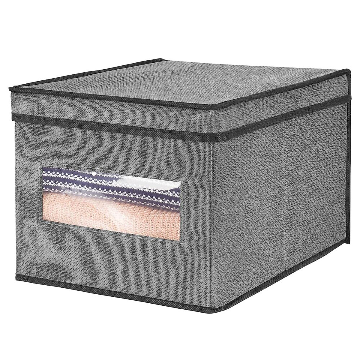 mDesign Large Fabric Stackable Closet Organizer Box with Clear Window/Lid for Bedroom, Office, Bathroom, Mudroom Organization - Shoe, Sweater, Clothes Storage, Lido Collection, Dark Gray/Black