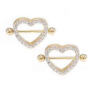 BodyJewelryOnline Heart-Shaped Nipple Shield Barbell Ring, Paved CZ Gems, Ion-Plated Gold Tone, 14 Gauge Shaft Barbell, Smooth Quality Finish, Hypoallergenic, Nickel-Free, Durable, Comfortable