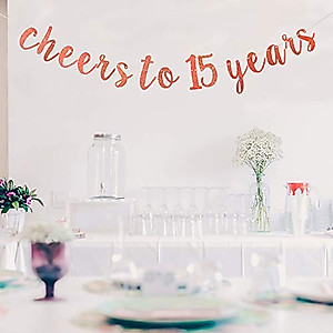Rose Gold Glitter Cheers to 15 Years Banner, Happy 15th Birthday Bunting Garlands,15th Anniversary Party Decoration Supplies(Pre -Strung)
