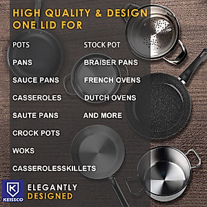 KEISSCO Stainless Steel Universal Lid for Pots, Pans and Skillets - Fits 7" to 12" Pot and Pans - Tempered Glass with Stainless Steel Rim Replacement Frying Pan Cover and Cast Iron Skillet Lid