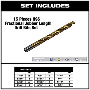 SVY 15 Pieces High Speed Steel Drill Bits Set, 135 Degree Split Point Geometry M-2 High Speed Steel Drill Bits Set for Metal, Wood, Angle Iron, PVC, Plastic, Suitable for Working Pants