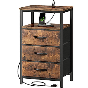 Huuger Nightstand with Charging Station, 27.6 Inch Bedside Table with Fabric Drawers, End Table Side Table with USB Ports and Outlets, Night Stand for Bedroom, Rustic Brown