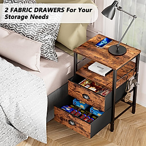 Furologee End Table with Charging Station, Nightstand with Fabric Drawers, Side Table with USB Ports & Outlets, Night Stand with Storage Shelf & Hooks, for Living Room/Bedroom, Rustic Brown