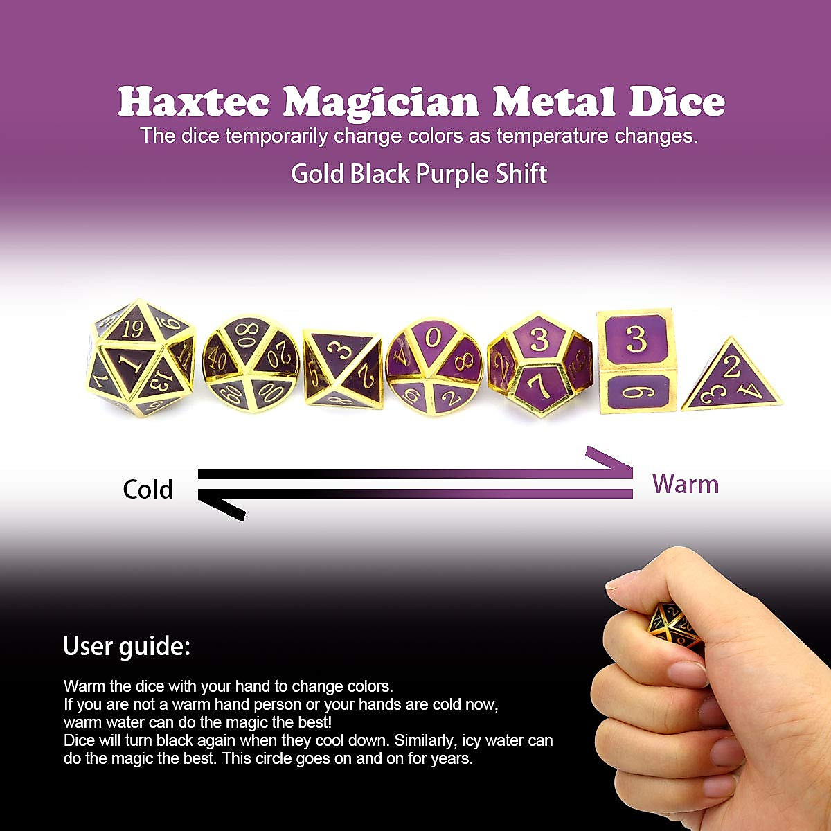 Haxtec Color Changing Metal DND Dice Set W/Gift Leather Dice Bag Temeprature Polyhedral D&D Dices for RPG Dungeons and Dragons-Gold Black Purple Shift