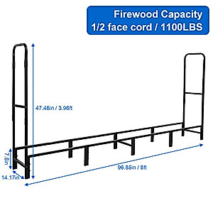 Audessy 8ft Firewood Rack Outdoor, Heavy Duty Steel Fireplace Wood Stacking Rack Log Holders for Firewood Outdoor, Black
