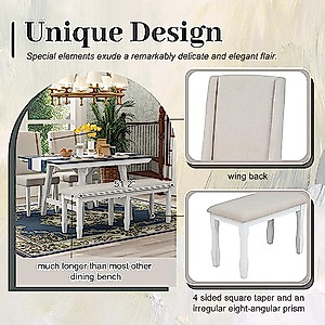 HAUSHECK Classic 4-6, Modern Home Furniture Small Space with Rectangular Extendable Table w/Two 12" W Removable Leaves, Upholstered Bench & Chairs w/Wing Back, Kitchen & Dining Room Sets for 6, White