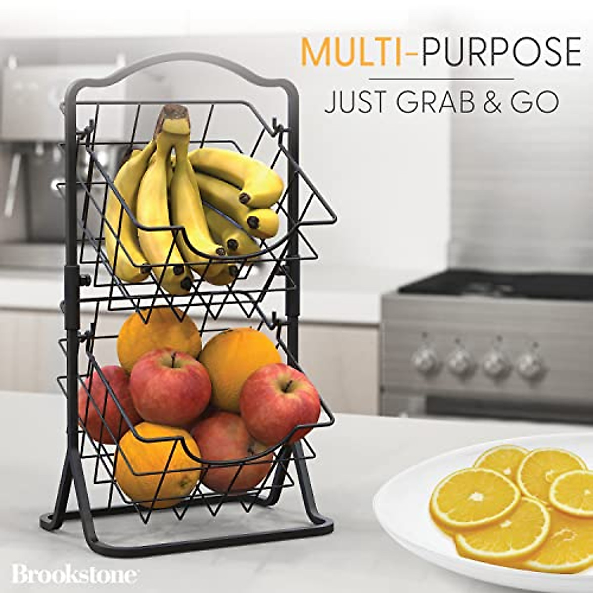 BROOKSTONE, Hand & Face Towel Rack, Bathroom Storage Accessory Holder, 2 Tier Bath Organizer, 2-in-1 Use Also as a Fruit Basket