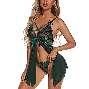 RSLOVE Babydoll Lingerie for Women V Neck Chemise Sexy Exotic Open Front Nightgowns Green
