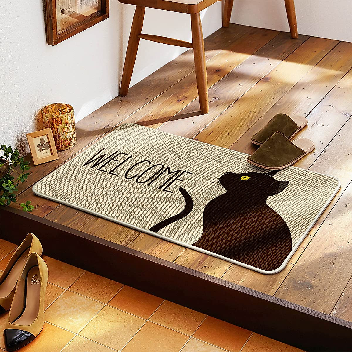 Artoid Mode Black Cat Welcome Decorative Doormat, Pet Halloween Floor Mat Switch Mat for Indoor Outdoor 17 x 29 Inch