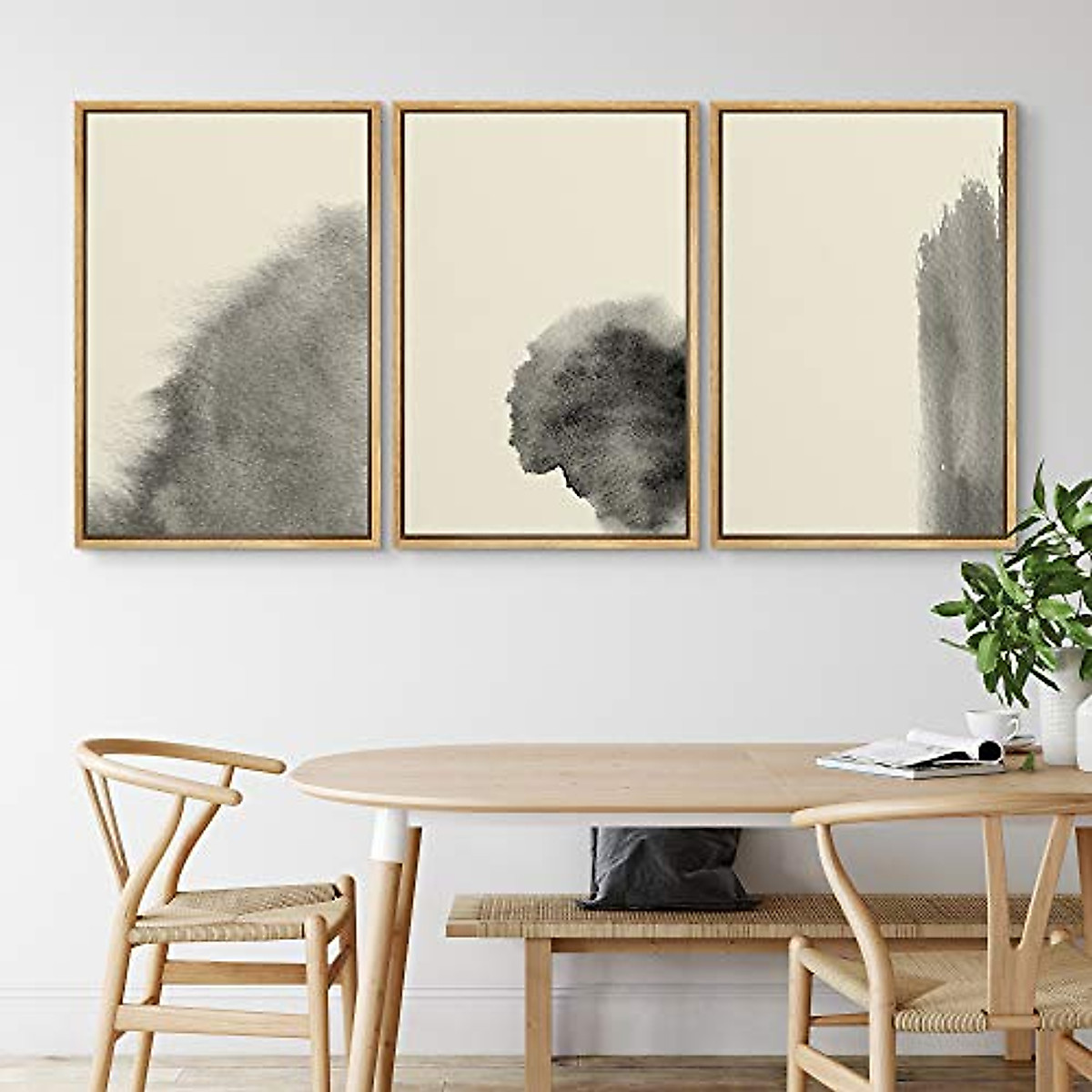 NWT Framed Wall Art Print Set Smoky Faded Black Watercolor Strokes Abstract Shapes Illustrations Modern Art Bohemian Colorful Pastel for Living Room, Bedroom, Office - 16"x24"x3 Natural