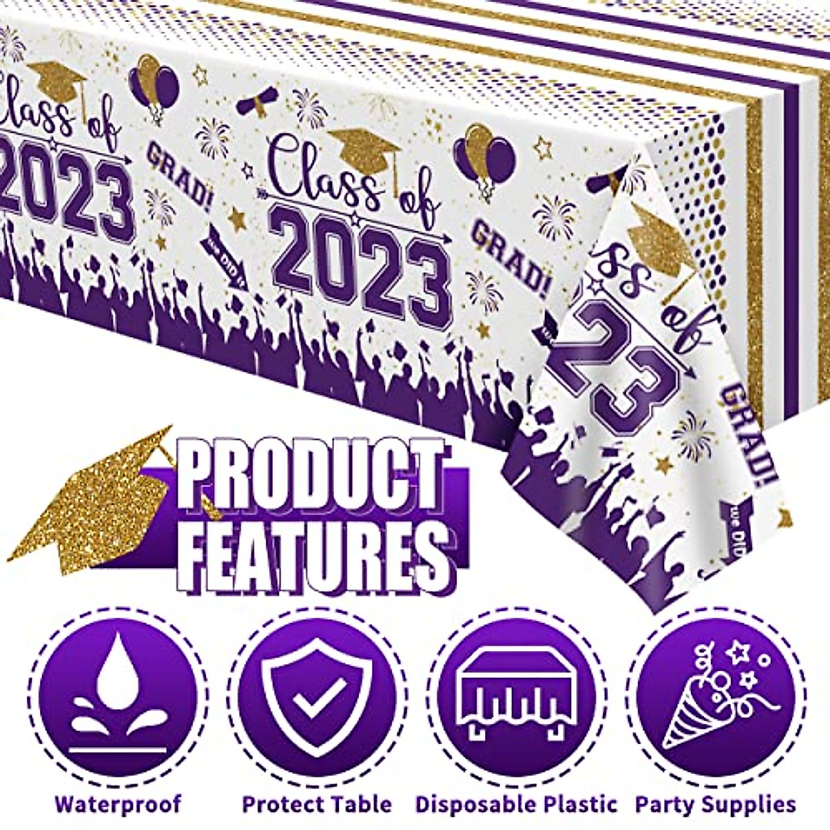 Erweicet Graduation Tablecloth 3Pcs, Graduation Party Decorations Supplies 2023 Class of 2023 Decorations Grad, We Did It Plastic Tablecloth Disposable, Purple Gold Graduation Table Cover -54"x108"