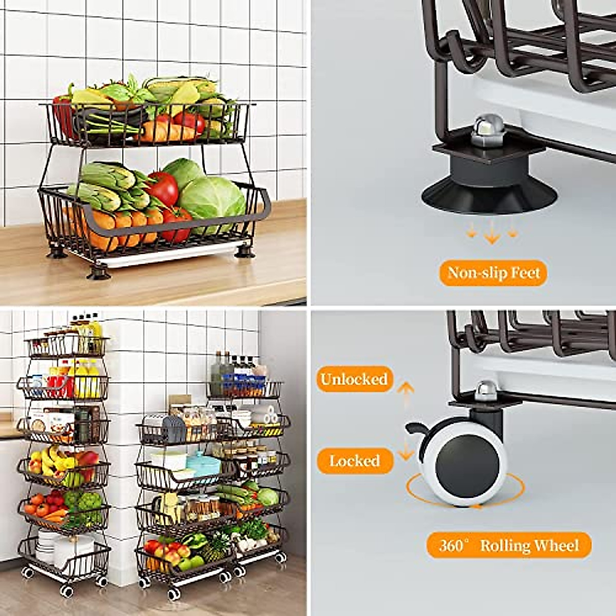 Fruit Vegetable Storage Basket with Wheels Kitchen Storage Rack 6-Tier Fruit Vegetable Stackable Floor-Standing Movable Organizer Household Storage Snack Shelf for Kitchen Living Room Dressers Stand