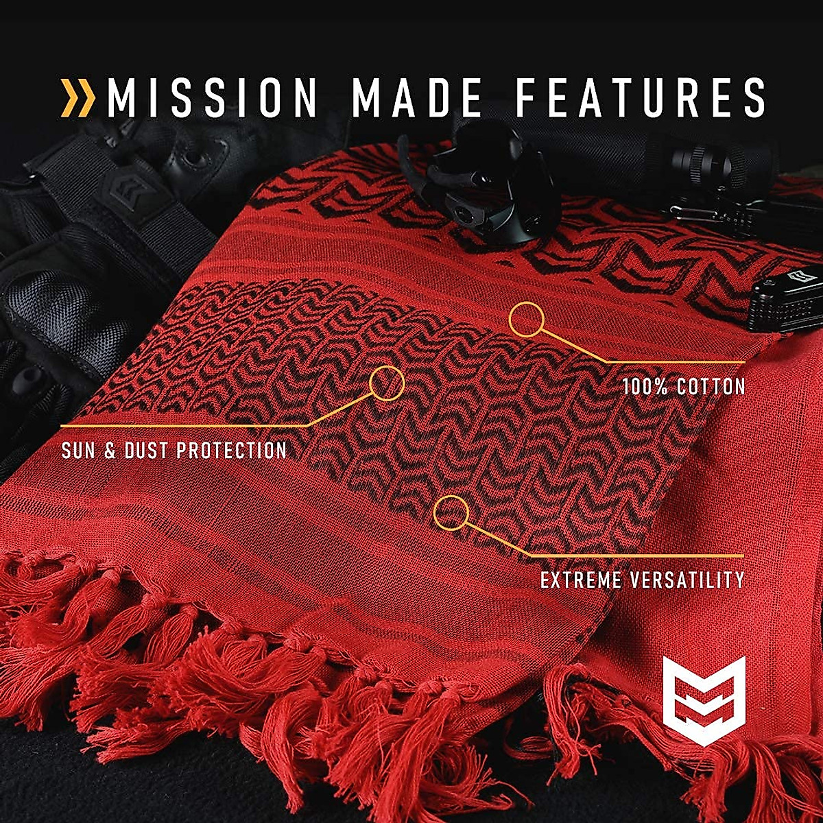 MISSION MADE Shemagh Tactical Military Keffiyeh Scarf Shawl Neck Head Wrap 100% Cotton (Red/Black)