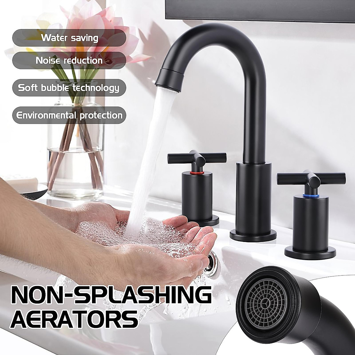 GXCROR Bathroom Faucets for Sink 3 Hole,2-Handle 8 inch Widespread Bathroom Sink Faucet with Pop Up Drain and Faucet Supply Hoses, Matte Black Basin Faucet Mixer Taps