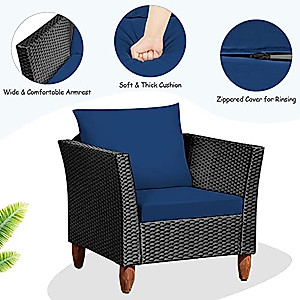 Tangkula 3 Piece Patio Furniture Set, Patiojoy Outdoor Wicker Rattan Bistro Sofa Set w/Washable Cushion, Acacia Wood Top Coffee Table, Conversation Set for Balcony Backyard Porch (Blue)