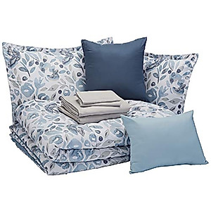 Amazon Basics 10-Piece Bed-in-a-Bag - Soft, Easy-Wash Microfiber - Full/Queen, Blue Watercolor Floral