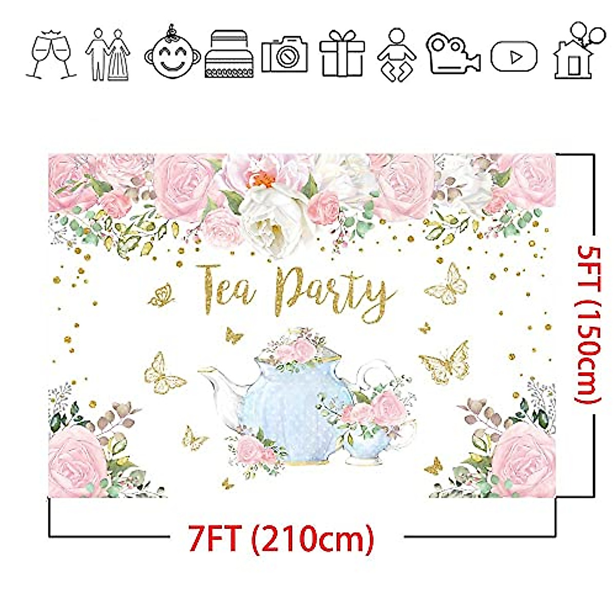 Mocsicka Tea Party Backdrop 7x5ft Princess Wonderland Floral Birthday Baby Shower Photo Backdrops Let's Partea Gold Butterfly Tea Time Photography Background