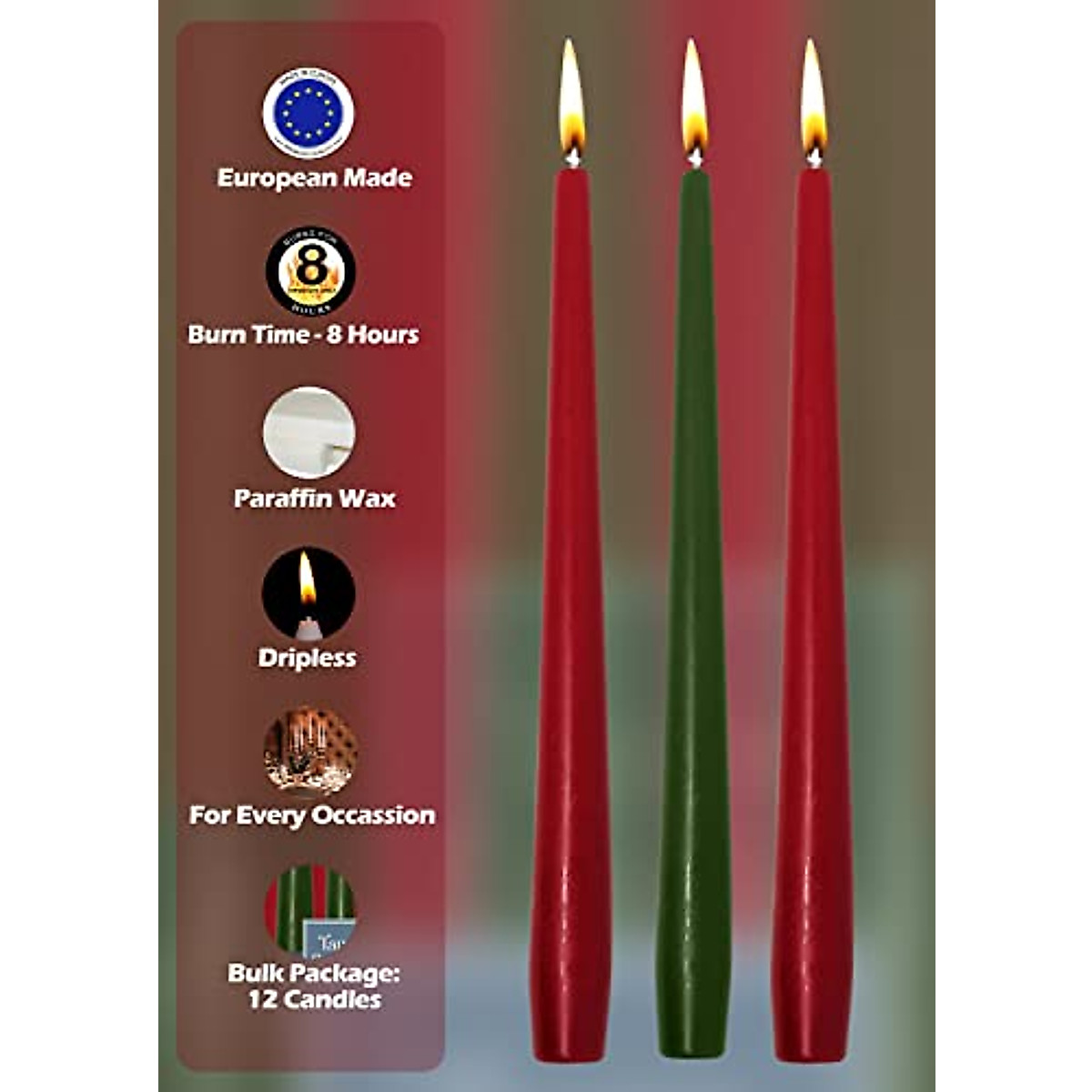 Hyoola Christmas Candles - Green and Red Taper Candles 10 Inch Dripless, 12 Pack Unscented Holiday Candles - European Made