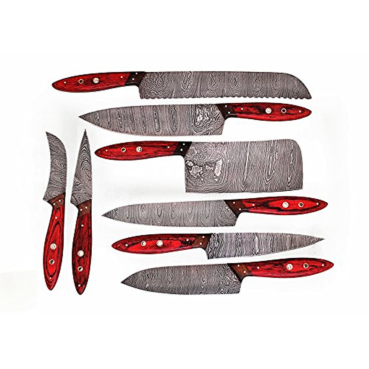 W Trading-Custom Hand made damascus steel blade Professional kitchen knives 8 PCS chef kitchen knife set with leather pouch for storage. WT-1046-8