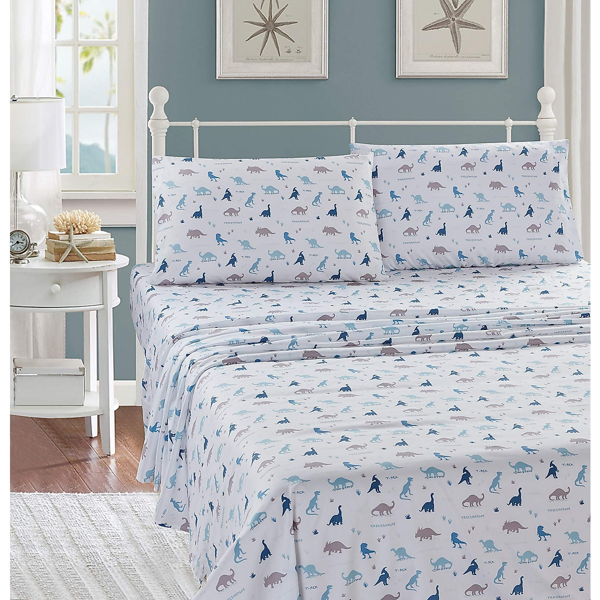 Linen Plus Sheet Set Kids/Teens Dinosaurs T-rex Triceratops Blue Light Blue White New # T-rex Blue (Twin)