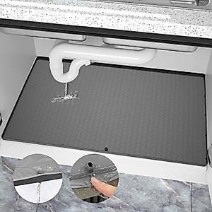 UEAKPIC Under Sink Mat 34" x 22", Waterproof Silicone Undersink Mat for Kitchen, Bathroom, Cabinet Protector Fits 36'' Standard Cabinets, Under Sink Tray Liner Up to 2.2 Gallons Liquid (Gray)