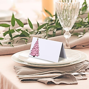 Fumete 100 Pcs Christmas Place Cards for Table Setting Pink Christmas Tree Name Place Cards Tented Folded Name Place Cards Holders for Dinner Brunch Table Decorations Xmas Holiday Party Supplies