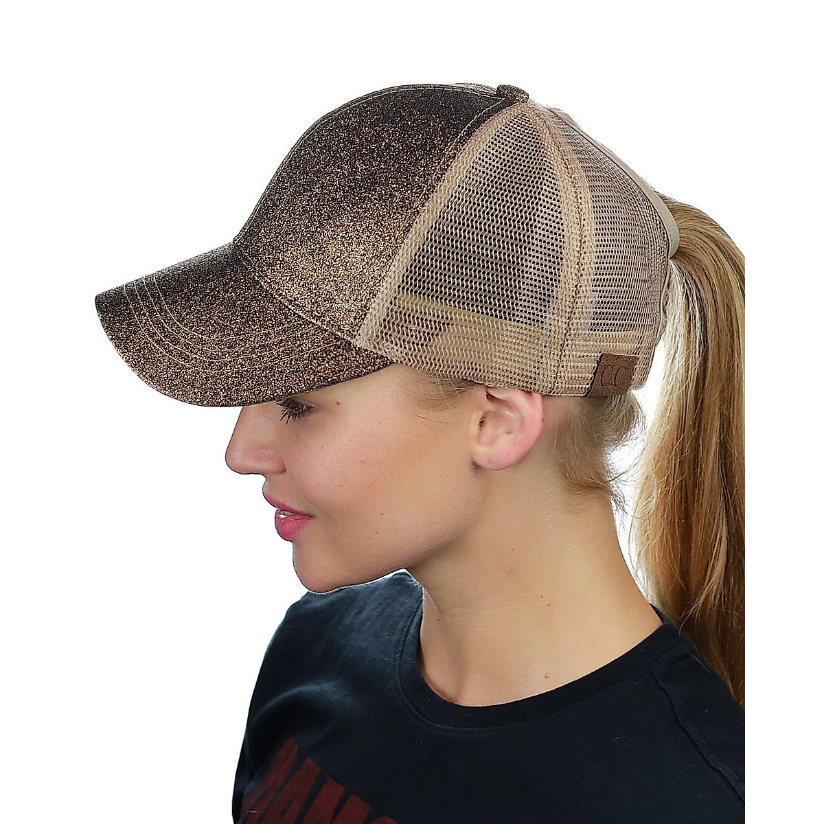 C.C Ponycap Messy High Bun Ponytail Adjustable Glitter Mesh Trucker Baseball Cap, Smoky Topaz