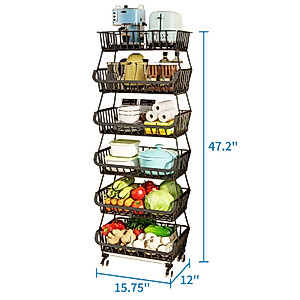 Wisdom Star 6 Tier Fruit Vegetable Basket for Kitchen, Fruit Vegetable Storage Cart/ Bins for Onions and Potatoes, Wire Storage Organizer Utility Cart with Wheels, Black