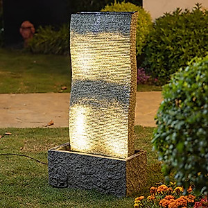 Glitzhome 38.25" H Garden Waterfall Fountain with LED Lights and Pump, Oversized Faux Stone Wall Polyresin Indoor Outdoor Floor-Standing Water Fountain for Porch Deck Patio Backyard Home Art Decor