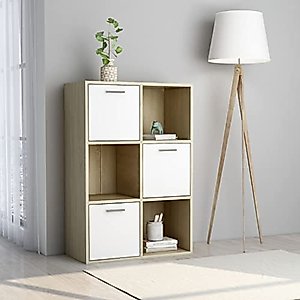 GOLINPEILO Bookcase Storage Organizer Cabinet with 3 Open Cubes and 3 Cubes with Doors, Open Sideboard Bookshelf, Modern Storage Display Cabinet, 23.6"x11.6"x35.4", White and Sonoma Oak