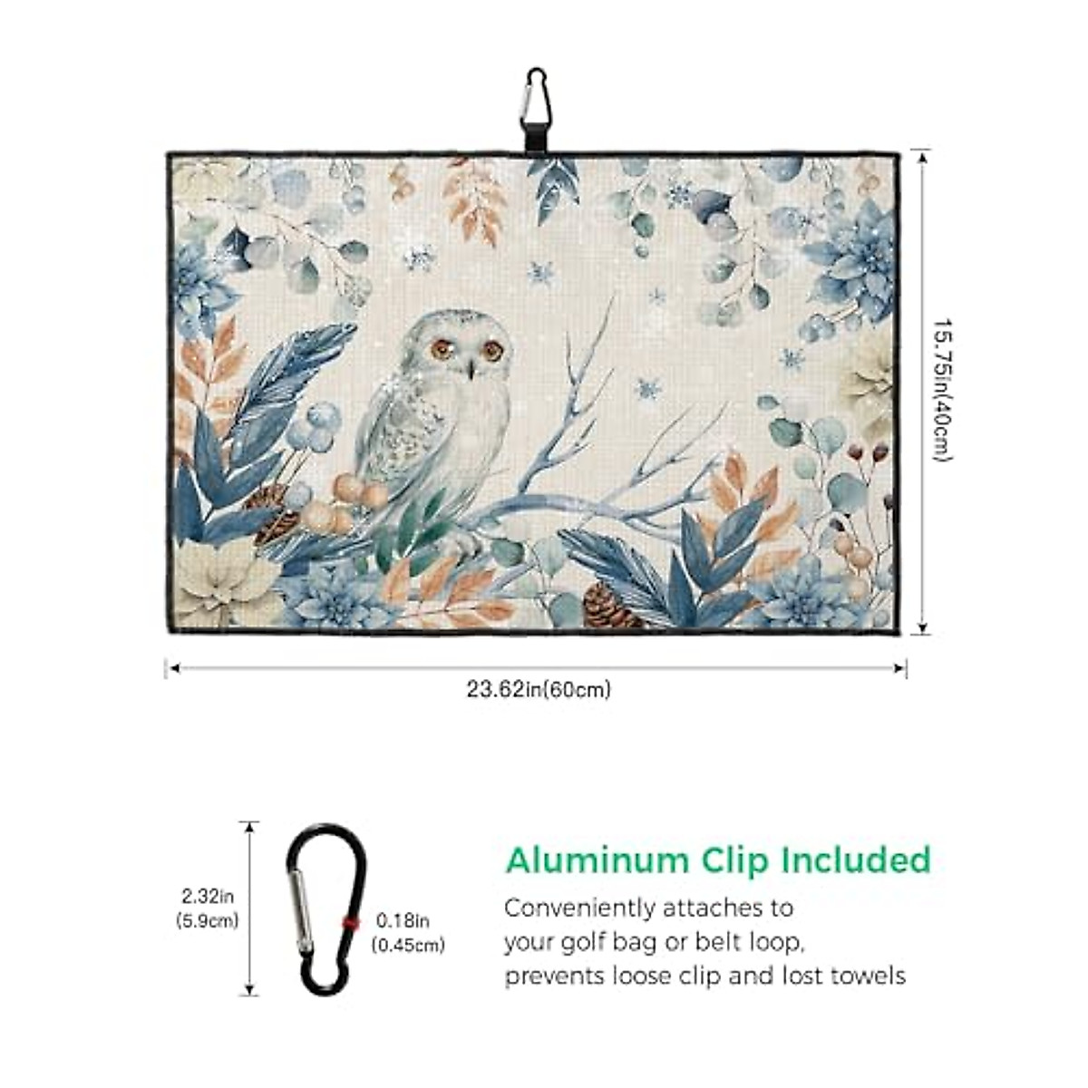 Golf Towel Christmas Eucalyptus Leaves Owl Retro Linen,Waffle Pattern Microfiber Club Cleaner Golf Towels with Carabiner Clip for Women Men Dad,Xmas Plant Animal Golf Towel for Golf Bags,24x16in