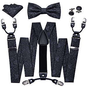 Barry.Wang Men Black Paisley Suspender and Bow Tie Set Y Shape Heavy Duty 6 Clips Braces