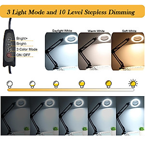Hanbaak Magnifying Glass with Light and Stand, 10X Magnifying Lamp, 3 Color Modes Stepless Dimmable, 2-in-1 LED Lighted Desk Magnifier with Light for Reading, Crafts, Repair, Close Works