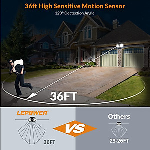 LEPOWER 1600LM Solar Security Lights, Motion Sensor Outdoor Light IP65 Waterproof, 270° Wide Lighting Angle Security Lights Solar Powered, Sensitive PIR Motion Sensor for Yard, Porch, Garage