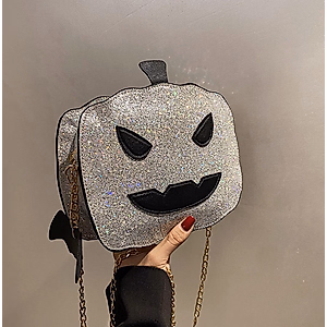 QZUnique Pumpkin Shoulder Bag, Halloween Crossbody Bags with Silver Sequin, Fashion Casual Bags with Bat Pendant for Women, Stylish Lightweight Purse