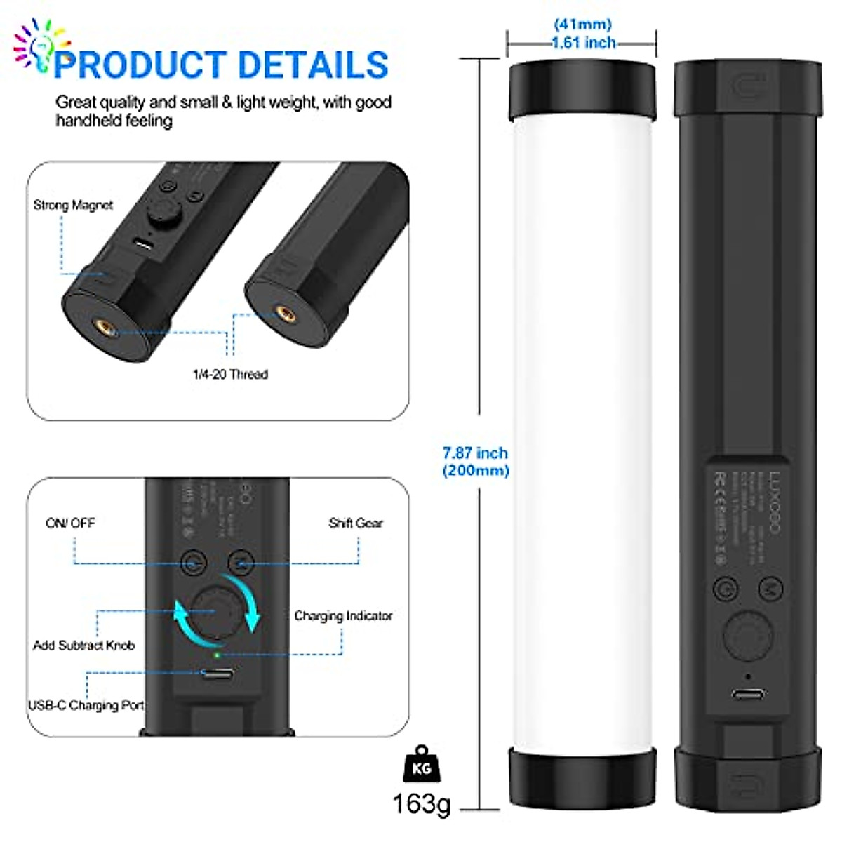 LUXCEO Handheld Light Wand, Multicolor RGB LED Video Light for Photography, 2000mAh Rechargeable Mini Light Stick for Video Shooting Professional Tube Lights with Magnetic for YouTube, TikTok(Black)