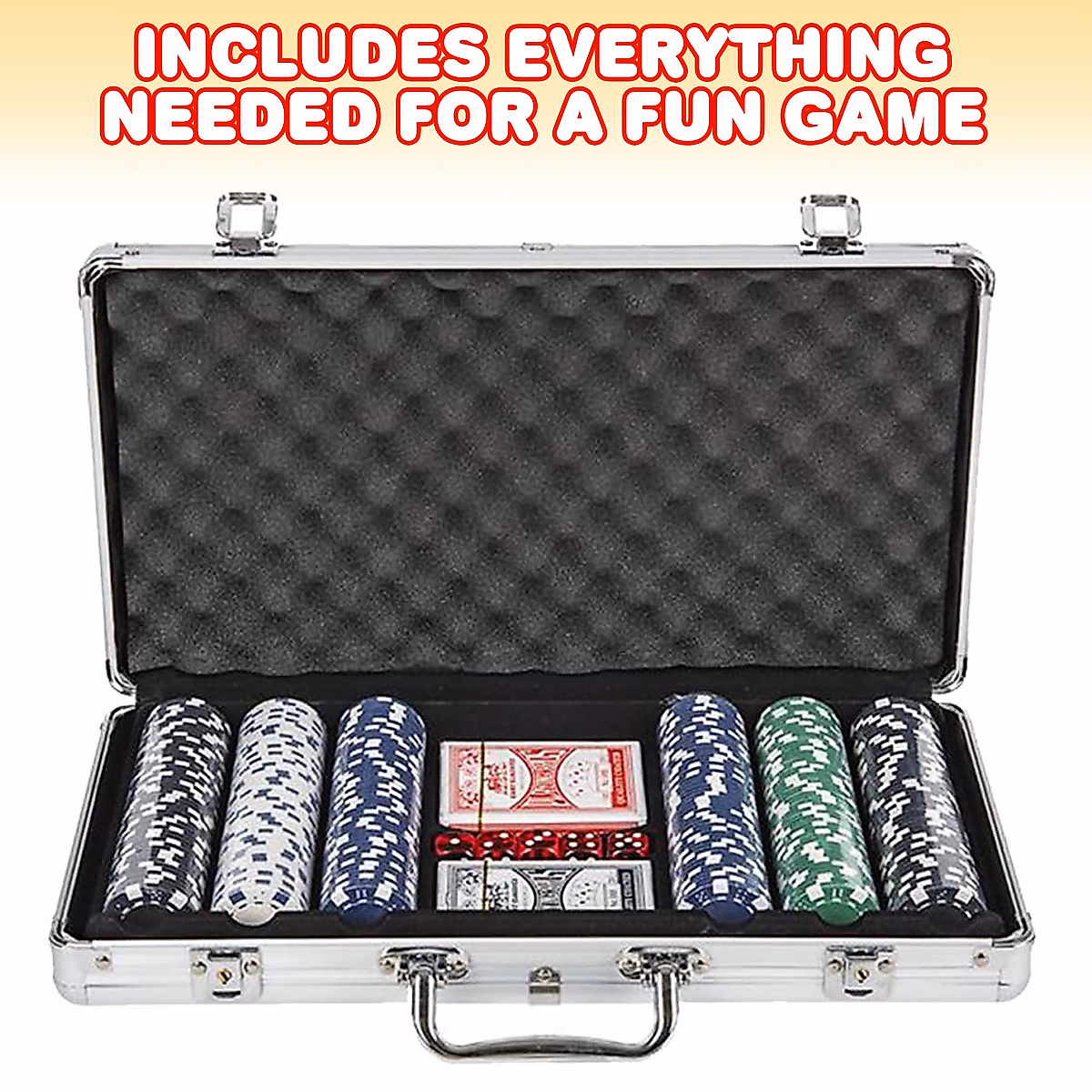 Gamie Poker Set in Aluminum Case, Casino Poker chip Kit with 300 Chips, 2 Decks of Playing Cards, 5 Dice, and 1 Deluxe Case, Fun Game Night Supplies, Best Poker Gifts for Teens and Adults, Black