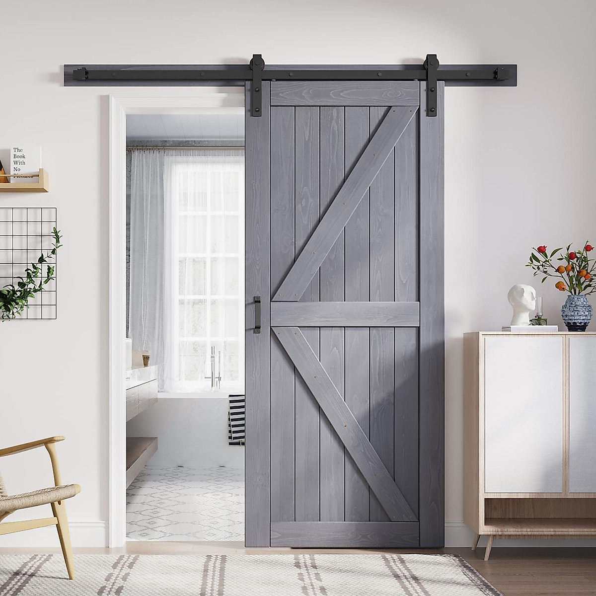 FREDBECK 36in x 84in Gray Barn Door Slab with 6.6ft (79inch) Barn Door Hardware Track Kit and Handle Floor Guide Included, Double Surfaces,Simple Assembly is Required,K-Frame,Grey