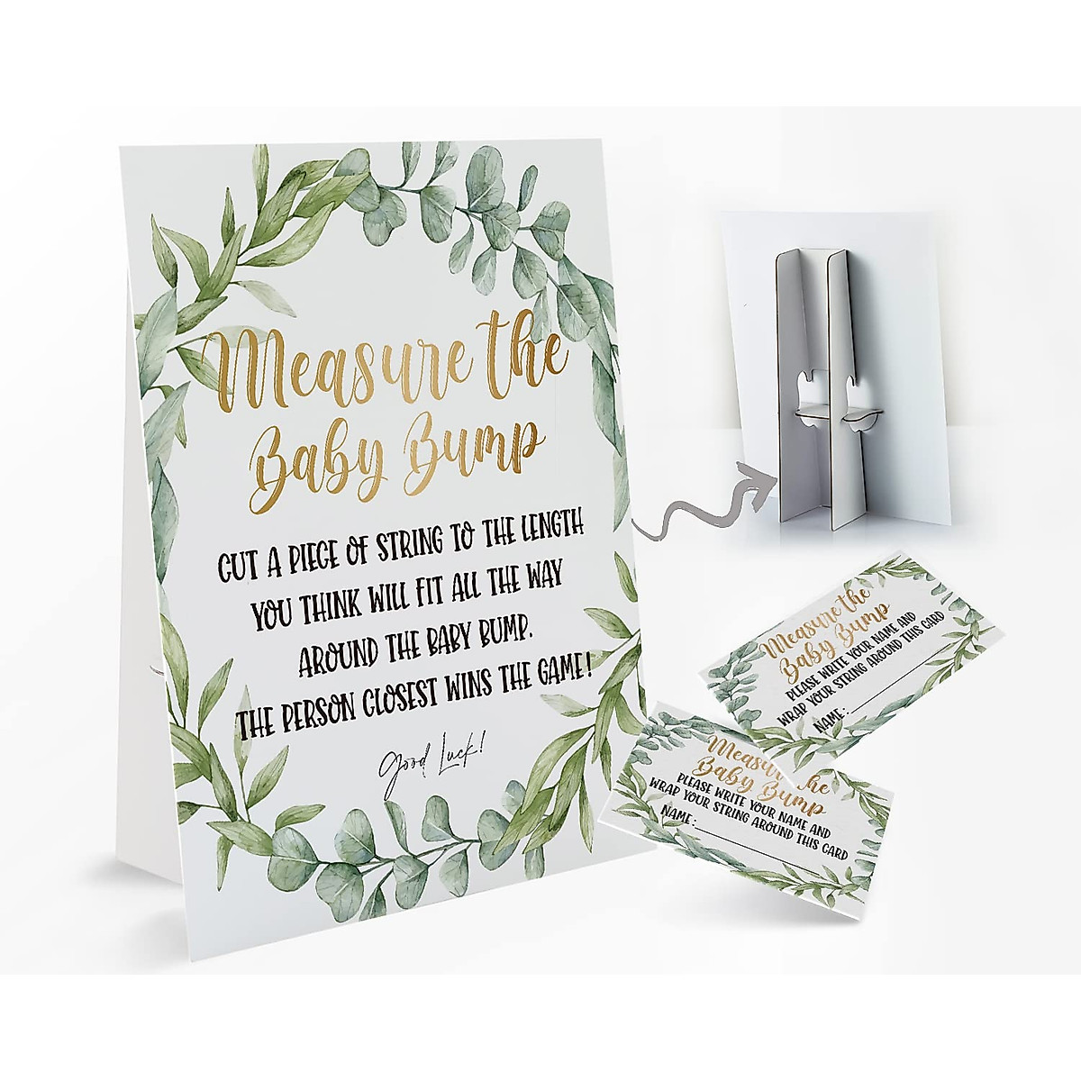 How Big is Mommys Belly Game, Measure Mommy's Belly Sign(Sign 8x10 Inch), Leafy Theme Baby Shower Games, Baby Showers Decorations, 1 Standing Sign + 50 Guessing Cards(bump08)