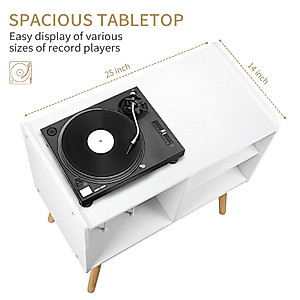 Possile Mid-Century Record Player Stand, Vinyl Record Cabinet Holder with Storage Up to 100 Albums, Record Player Table for Living Room Bedroom Office, Turntable Stand with Wood Legs, White