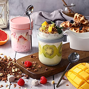 LANDNEOO 2 Pack Overnight Oats Containers with Lids and Spoons, 16 oz Glass Mason Jars for Overnight Oats, Large Capacity Airtight Jars for Milk, Cereal, Fruit (Pink+Grey)