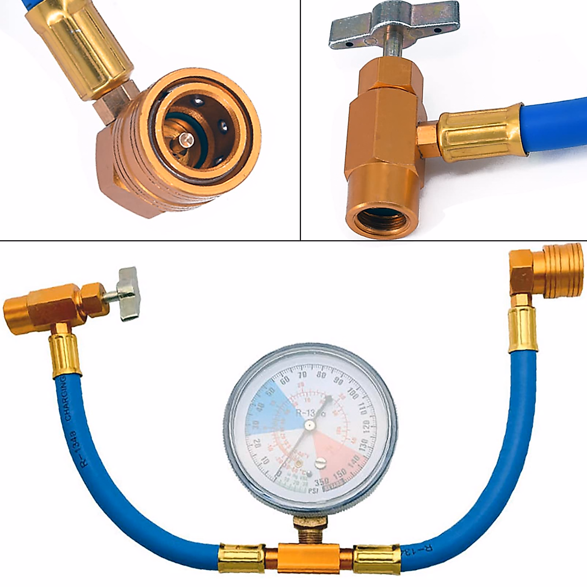 LIYYOO R134a AC Refrigerant Recharge Hose Kit, with Measuring Pressure Gauge and 1/2’’ Acme Can Opener Tap Dispensing Valve Fit for Car AC Air Conditioning Refrigerant Charging