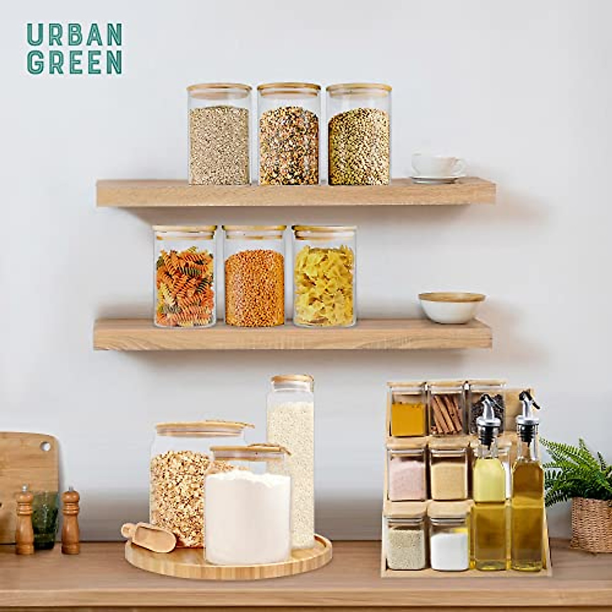 Urban Green Glass Storage Container Bamboo Lids, Glass Airtight Canisters sets, Glass Jar with Lids, Food Jars, Pantry Organization and Storage Containers, Spice Jars, Flour Canisters of 6